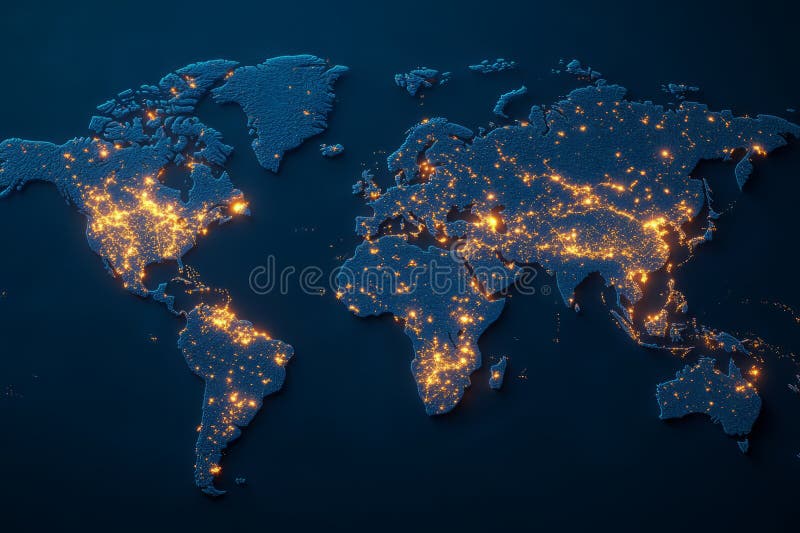 World Map with Glowing Lights Stock Image - Image of visualization ...
