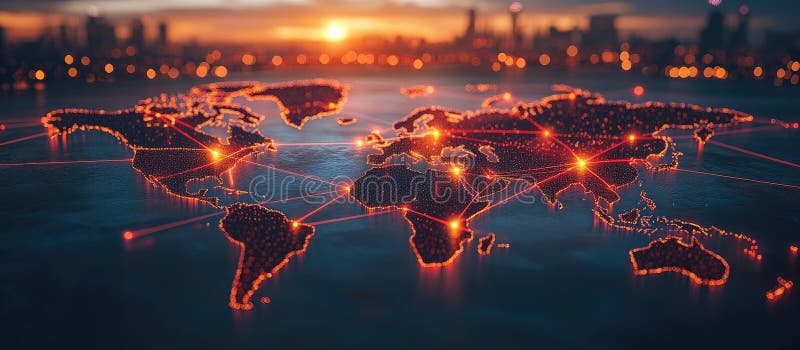 "WORLD MAP with GLOWING LINES CONNECTING CONTINENTS and CITIES" Stock ...