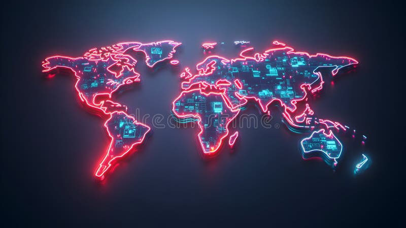 World Map with Glowing Neon Outlines and Digital Circuitry Representing ... World Map with Glowing Neon Outlines and Digital Circuitry Representing ...
