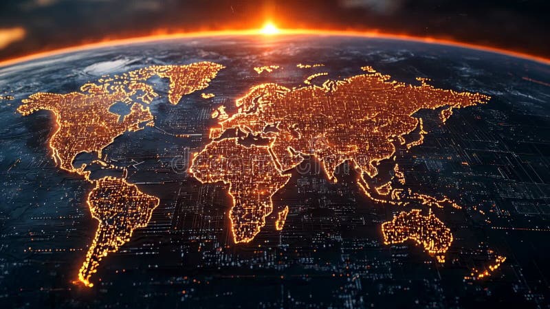 Illuminated World Map from Space at Sunrise Global Connectivity and ...