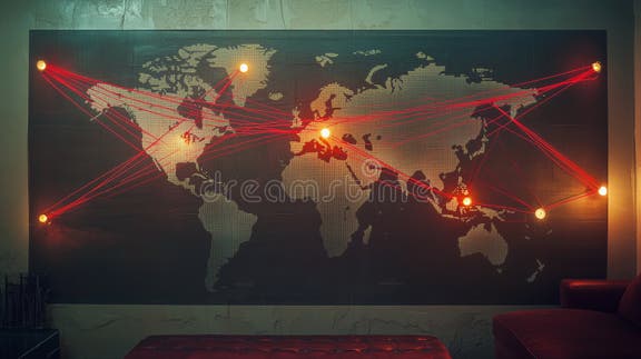 World Map with Glowing Pins Connected by Red Threads, Displayed in an ...