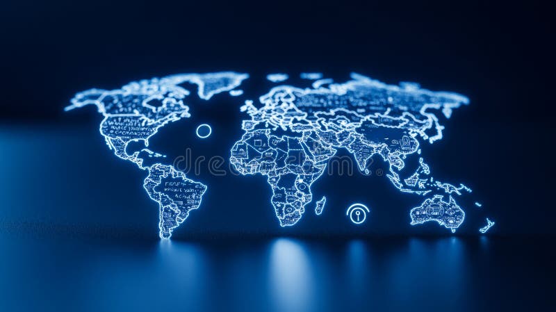 The World Map Glows in Blue, Displaying Continents and Intricate Data ...