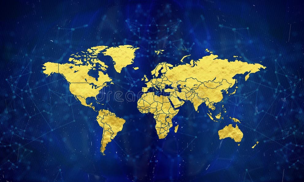 World Map in Gold Wrap.world in Gold. World Map on Blue Abstract ...