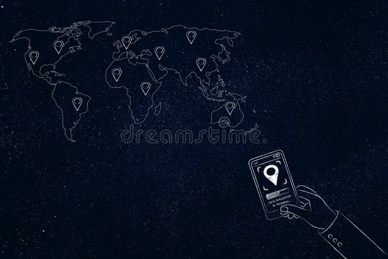 World Map with GPS Icons and User with Smartphone and Location S Stock ...
