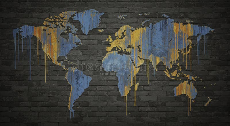 World Map Graffiti on Dark Brick Wall Dripping Paint, Global Theme ...