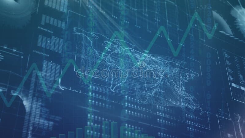 World Map, Graph and Data Processing on Dark Blue Background Stock ...