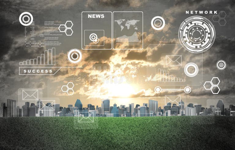 World Map, Graphs, Circles and Buildings with Stock Illustration ...