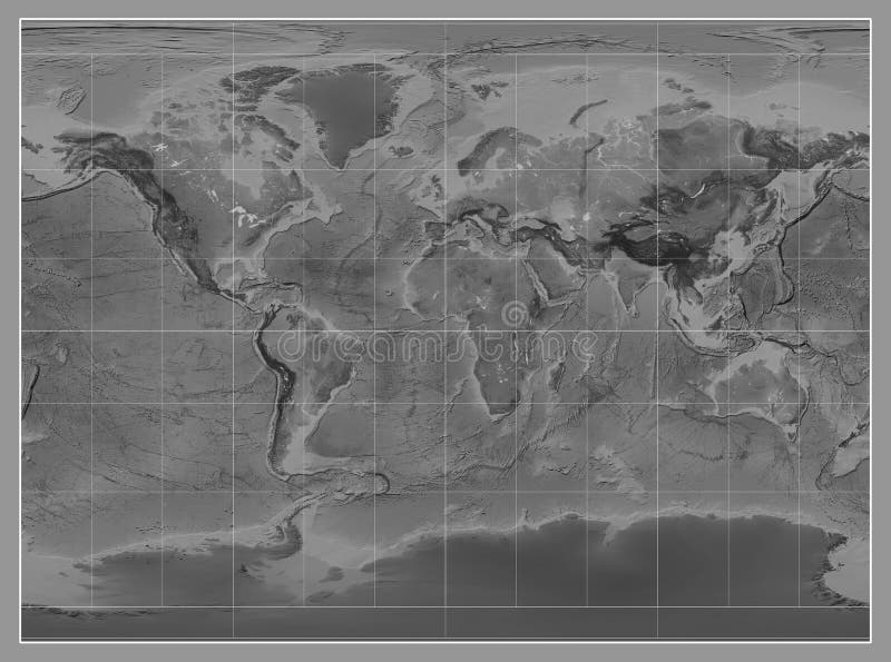 World Map. Grayscale. Miller Cylindrical Projection. Meridian: 0 Stock ...