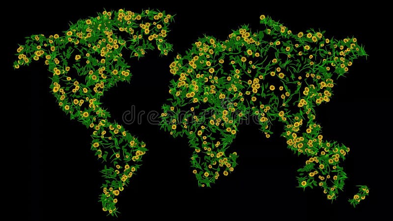 World Map with Green Leaves and Yellow Daisy Flowers on Plain Black ...