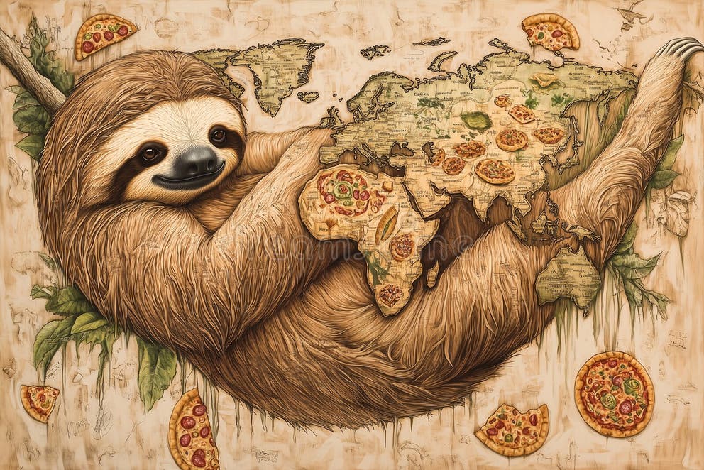 World Map Hand Drawn on Sloth with Pizza Toppings and Natural Elements ...