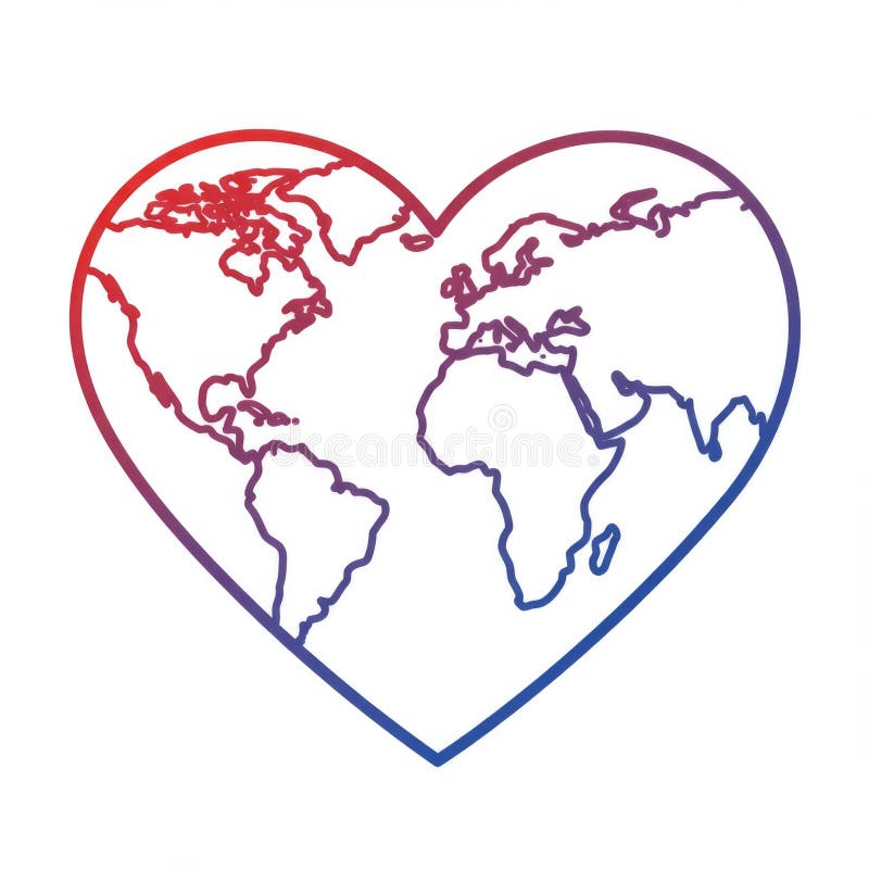 World Map in Heart Shape Line Art Illustration Stock Illustration ...