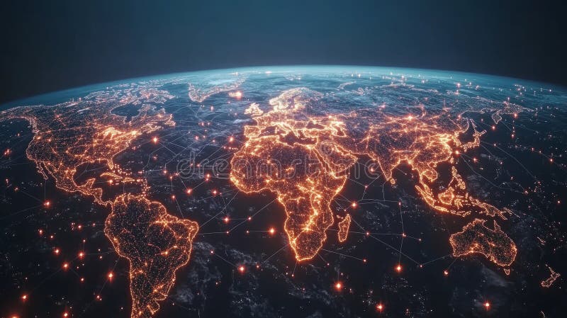 A World Map Highlighting Cities and Glowing Lines Stock Image - Image ...