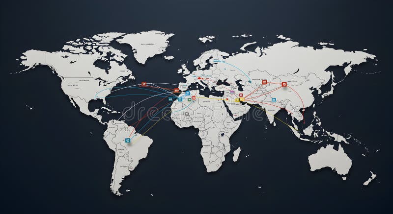 Detailed World Map with Interconnected Global Locations, Emphasizing ...