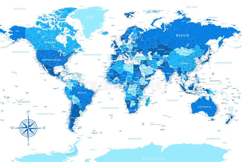 World Map - Highly Detailed Blue Colored Vector Map of the World ...