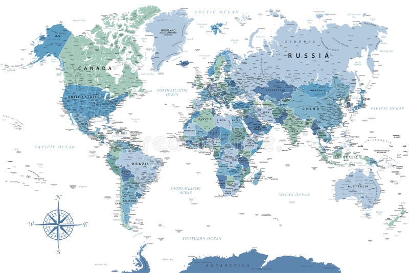 World Map - Highly Detailed Vector Map of the World. Ideally for the Print Posters. Blue Green ...