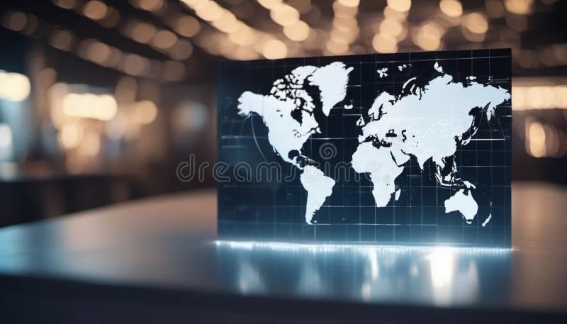 World Map Hologram in a Modern Office Stock Illustration - Illustration ...