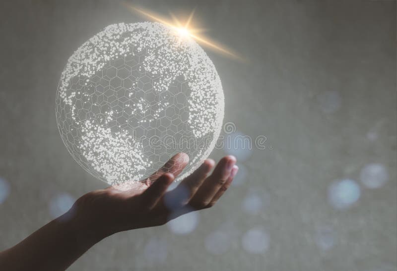 World Map in Human Hand. Man Holds Earth Hologram in His Hand, Computer ...