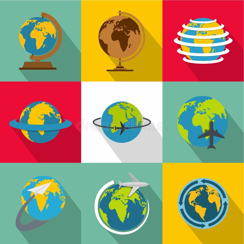 World Map Icons Set, Flat Style Stock Vector - Illustration of glow ...