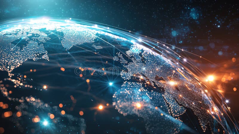 World Map Illuminated with Bright Lights Representing Global ...
