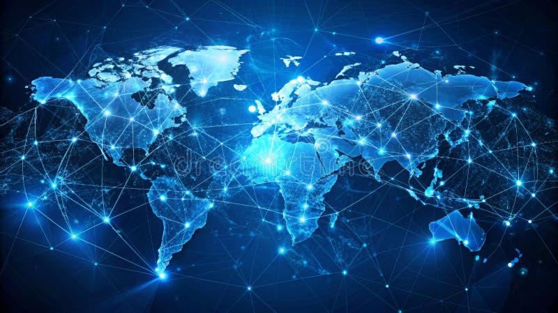 A World Map with Illuminated Communication Lines on a Dark Background ...