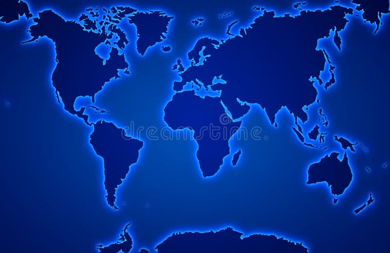 World Map with Illuminated Continents on a Blue Background Stock ...