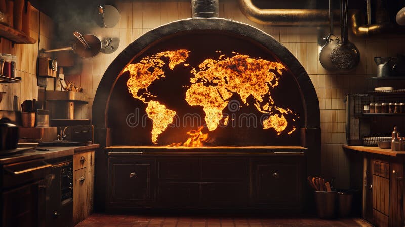 World Map Illuminated by Fire in a Rustic Kitchen Setting with Cooking ...