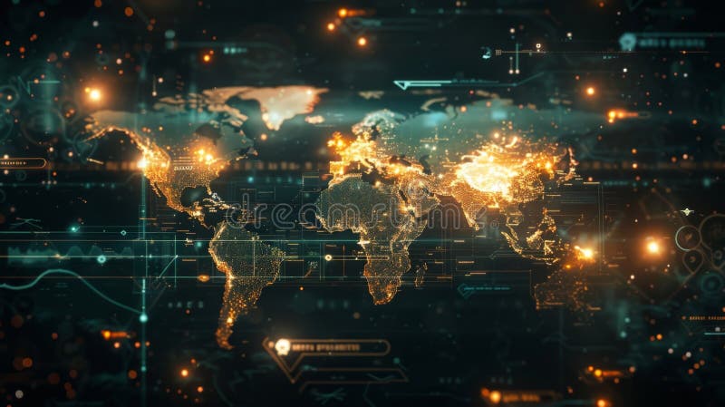 A World Map Illuminated by Glowing Lights, Showcasing Different ...