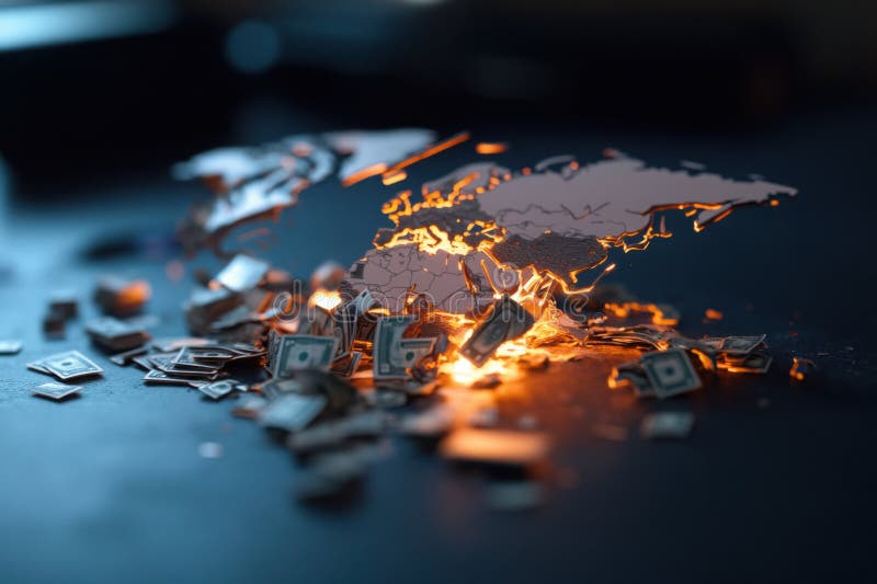 World Map Illuminated by Light with Scattered Dollar Bills Creating a ...