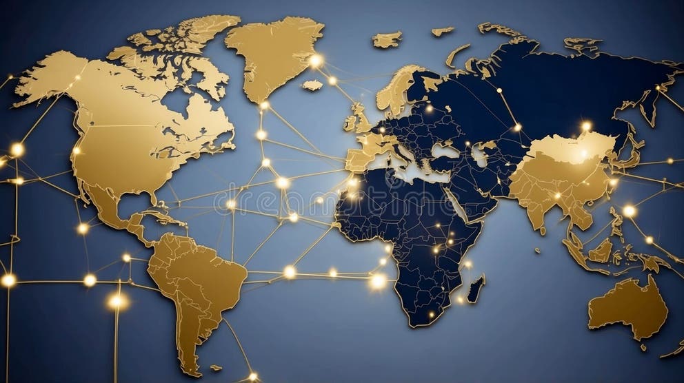 A World Map with Illuminated Nodes and Connecting Lines, Highlighting a ...
