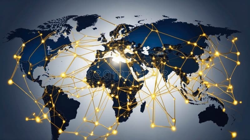 A World Map with Illuminated Nodes and Connecting Lines, Highlighting a ...
