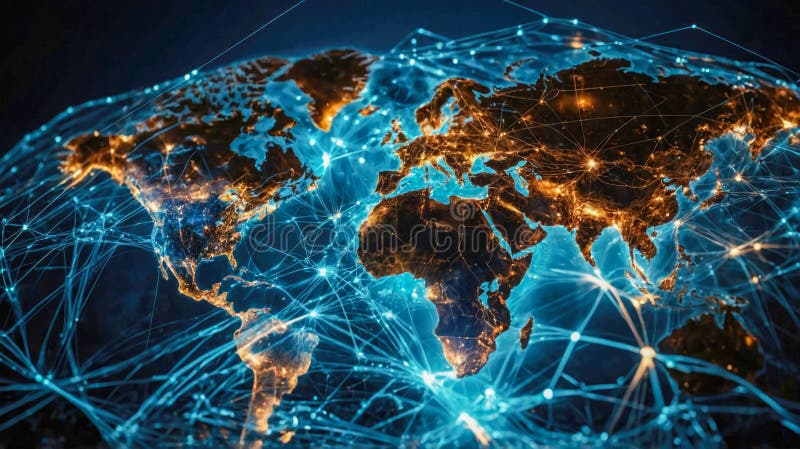A World Map with Illuminated Nodes and Connecting Lines, Highlighting a ...