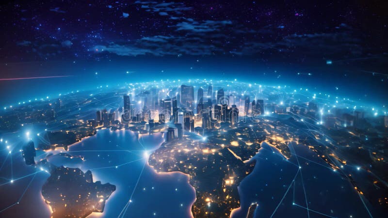 A World Map with Illuminated Nodes and Connecting Lines, Highlighting a ...