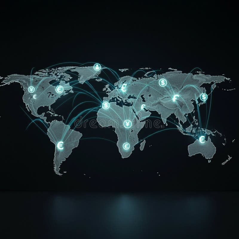 World Map with Illuminated Paths Connecting Various Locations, Marked ...