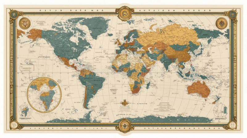 Vintage World Map with Ornate Border and Compass Rose Stock ...