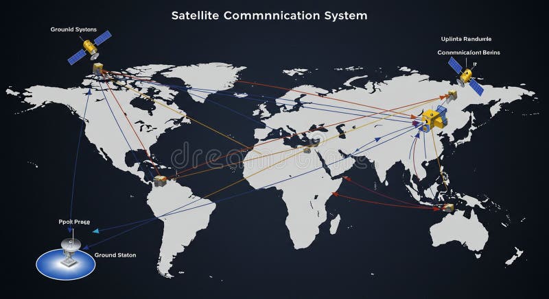 World Map Illustrating a Satellite Communication System. Satellites are ...