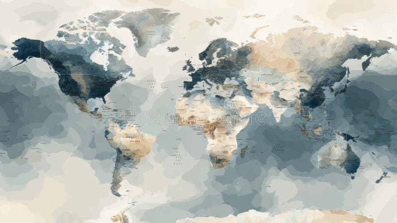 World Map Illustration Displaying Continents in Muted Colors with ...