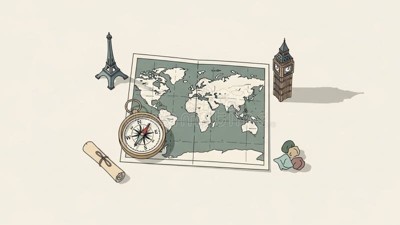 A World Map Illustration Features a Compass, the Eiffel Tower, Bi Stock ...