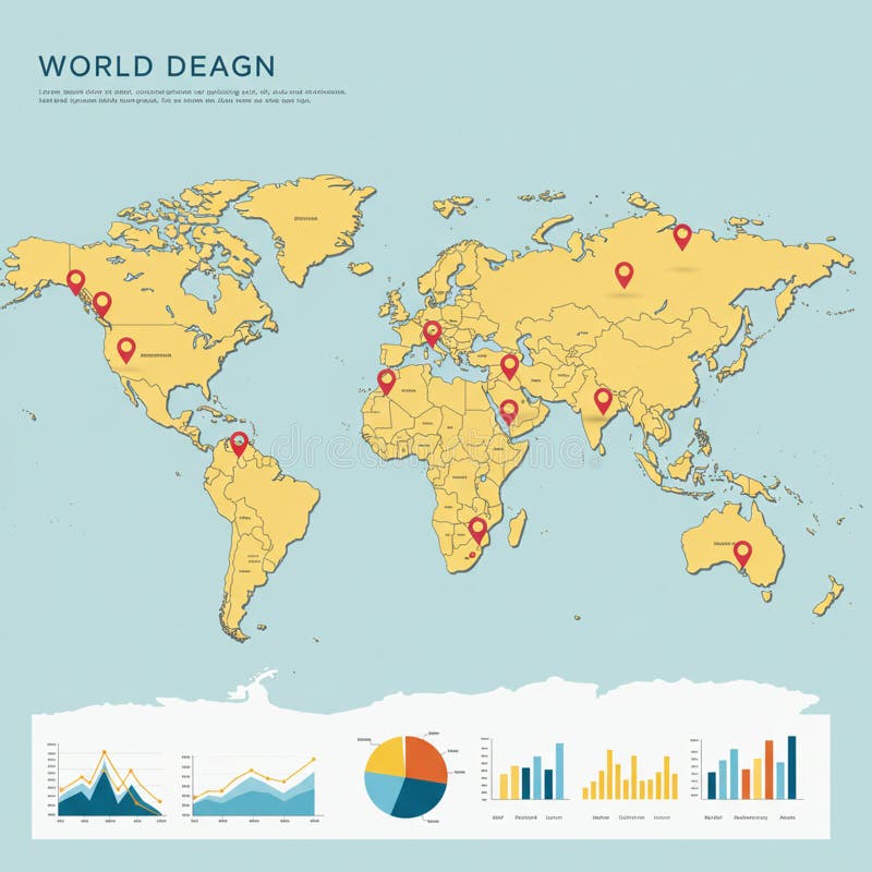 World Map Illustration Features Yellow Continents on a Light Blue Background. Red Stock ...