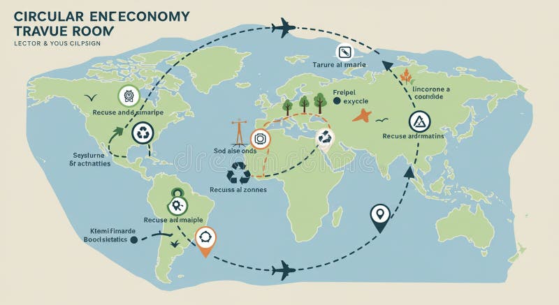 World Map Illustration Featuring a Circular Route Connecting Various ...