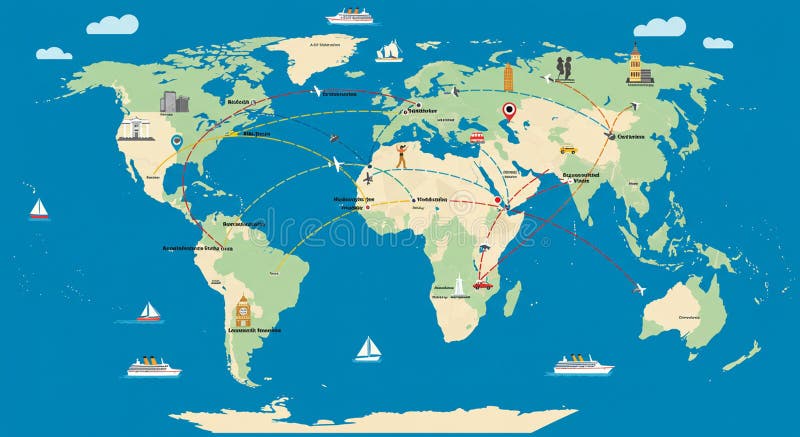 World Map Illustration Featuring Major Cities and Landmarks Connected ...