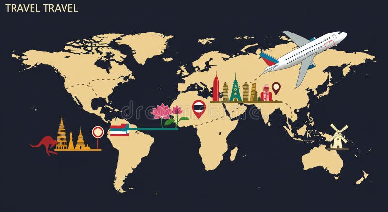World Map Illustration Highlighting Various Landmarks. Features Include ...