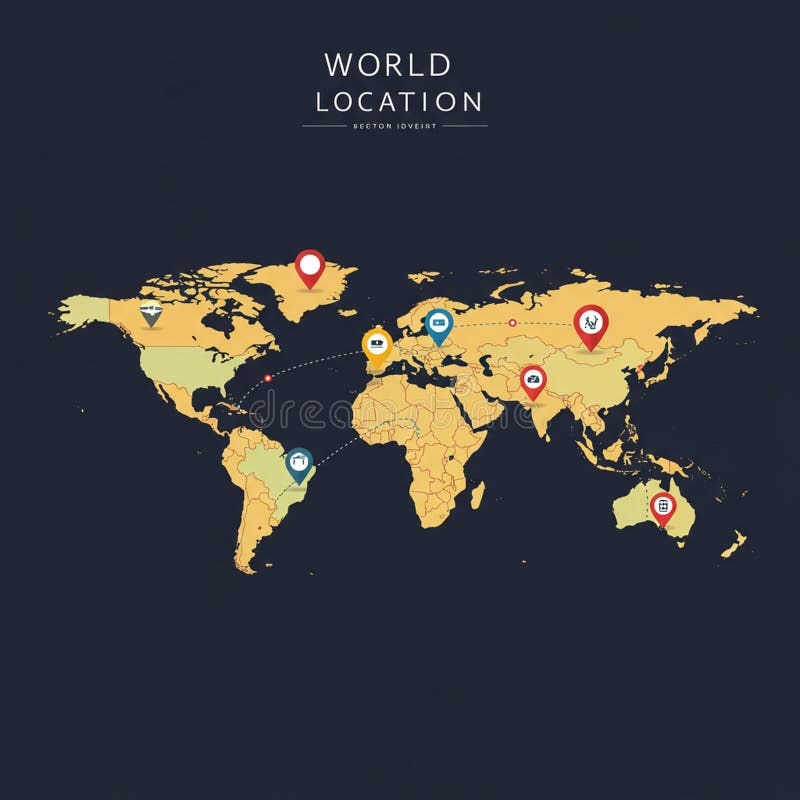 World Map Illustration with Marked Locations Indicated by Colored Pins ...