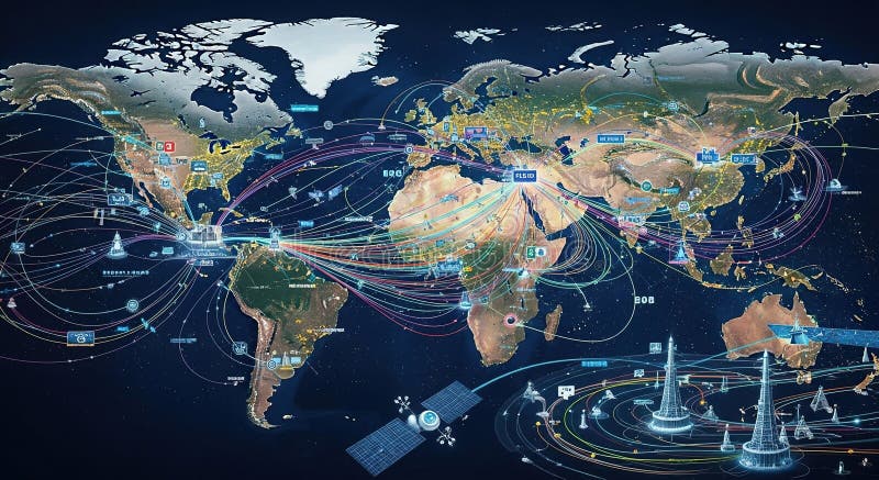 World Map Illustration with Network Connections Satellites and Data ...