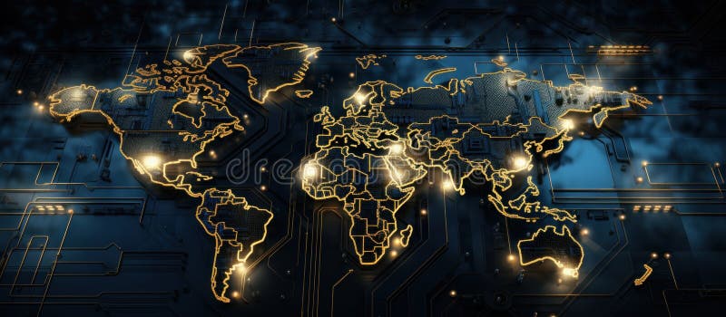 World Map in an Image of Gold Digital Circuits and Circuits on Earth ...
