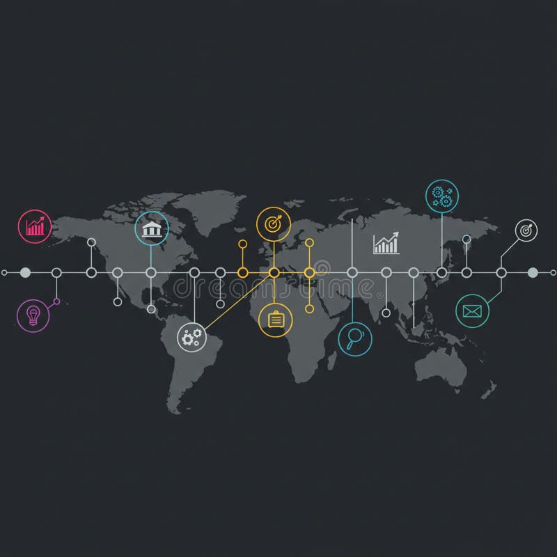 World Map Infographic with Interconnected Icons Representing Various ...