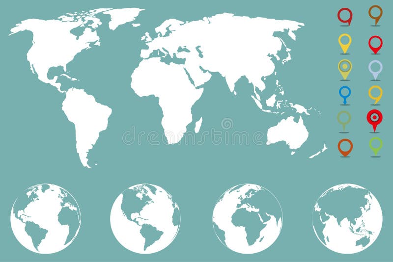 World Map Infographic Template with Different Markers and Four Globe ...