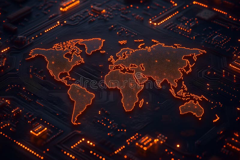 A World Map Integrated into a Circuit Board, Symbolizing Global ...