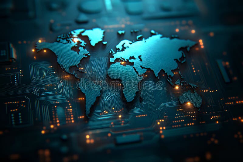 A World Map Integrated into a Circuit Board, Symbolizing Global ...