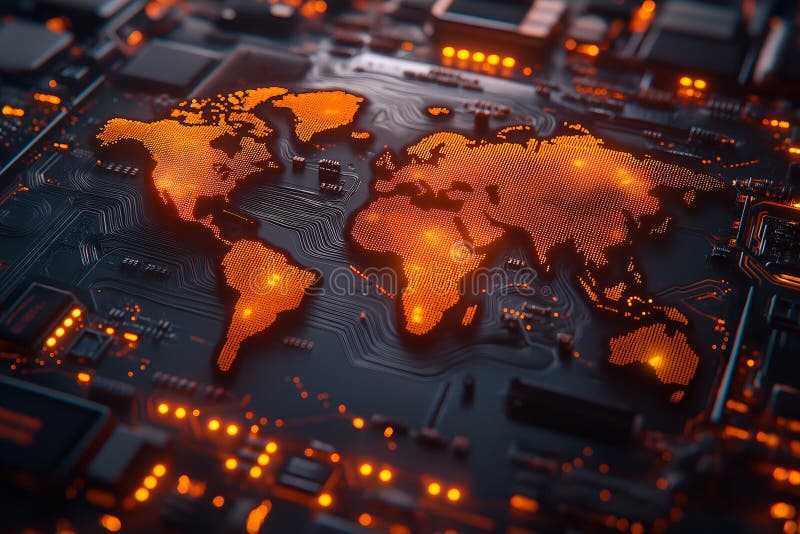 A World Map Integrated into a Circuit Board, Symbolizing Global ...