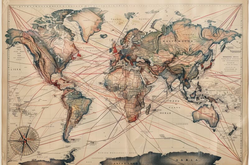 World Map With Intricate Lines Connecting Various Points Across